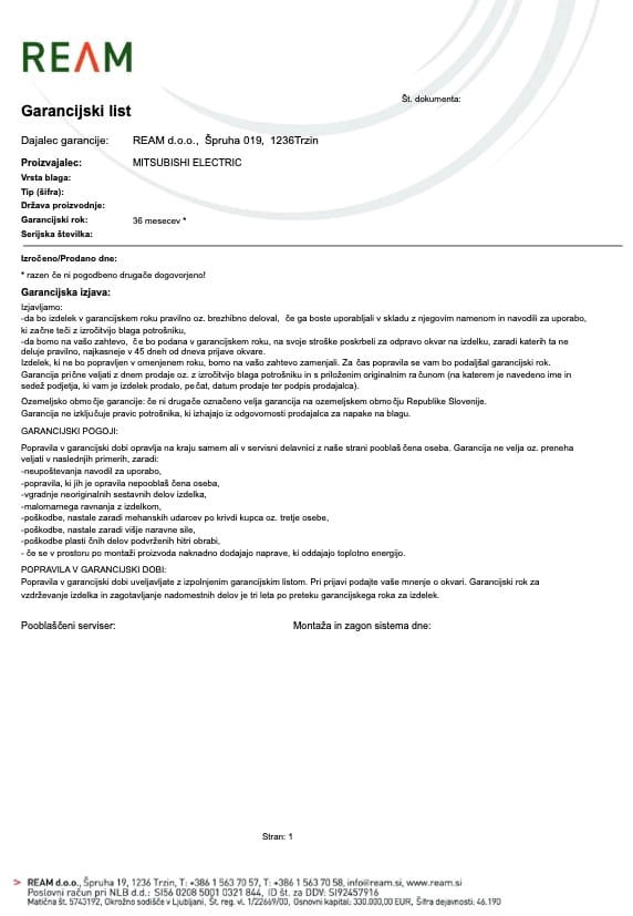 Splošen garancijski list - REAM d.o.o.